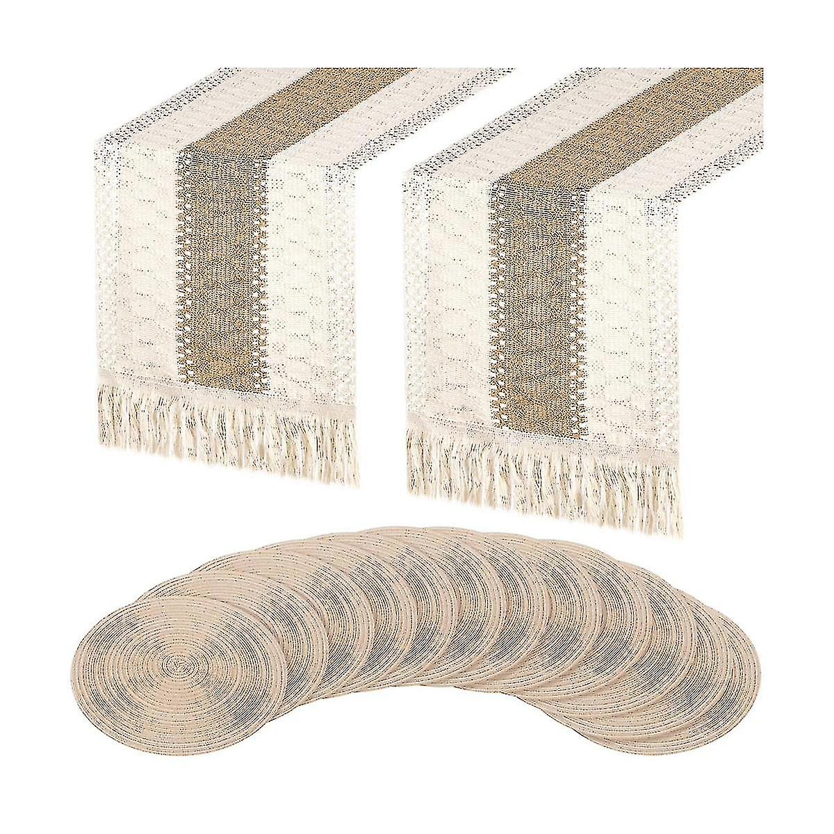 Table Runners And Round Braided Placemats Set Splicing Cotton Boho ...