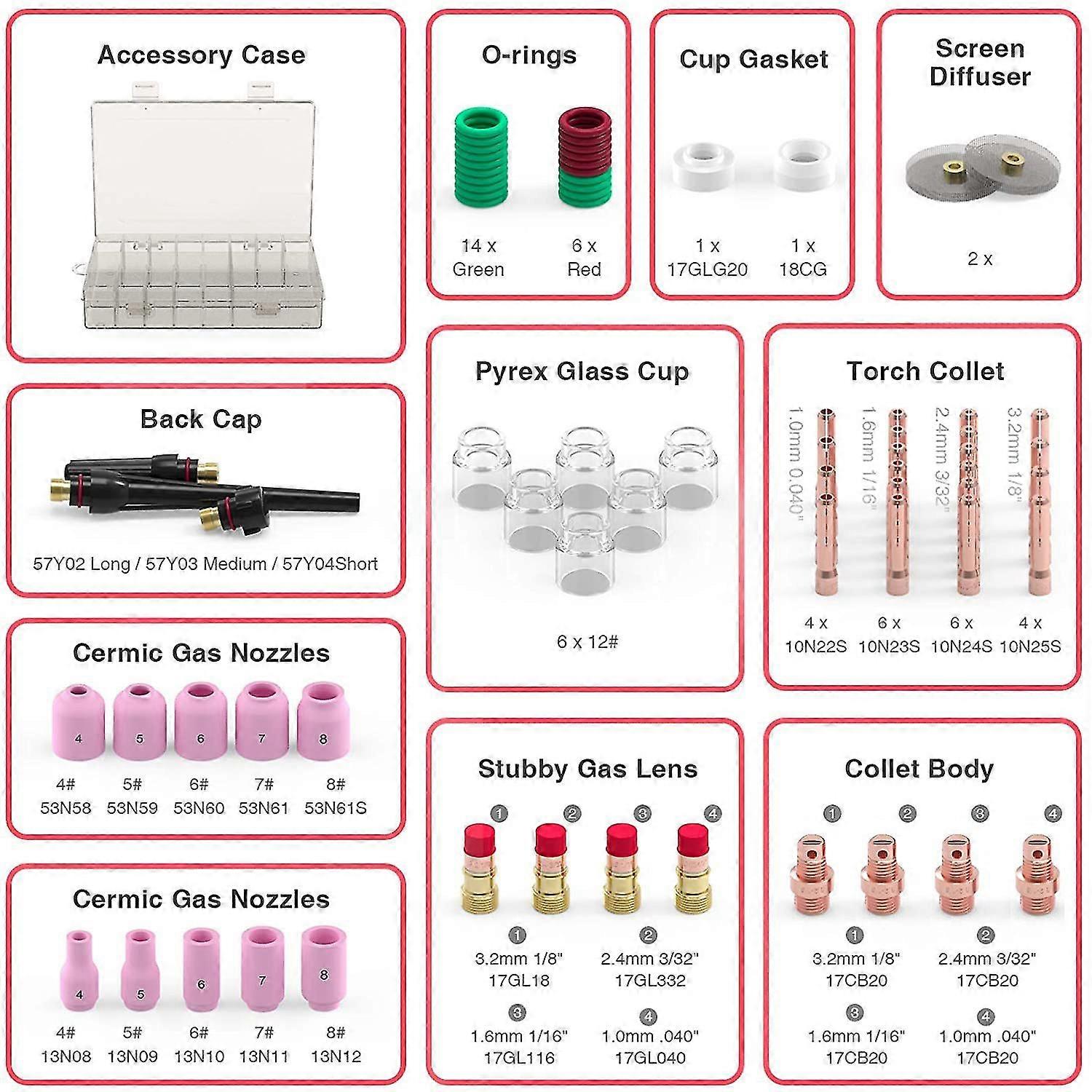 71Pcs TIG Torch Stubborn Gas Lens 12 Glass Set for -17/18/26 TIG ...