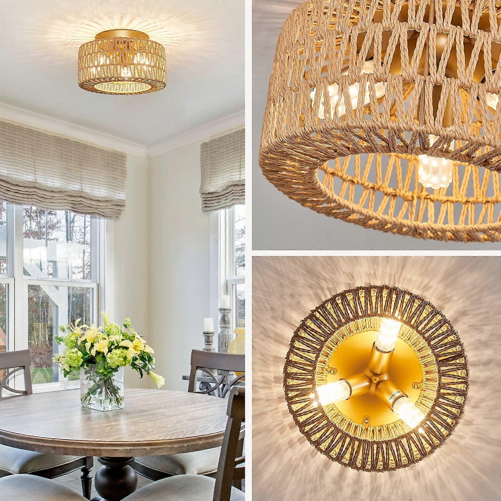 Rattan Ceiling Mounted Lights, 3 Light Boho Ceiling Mounted Ceiling ...