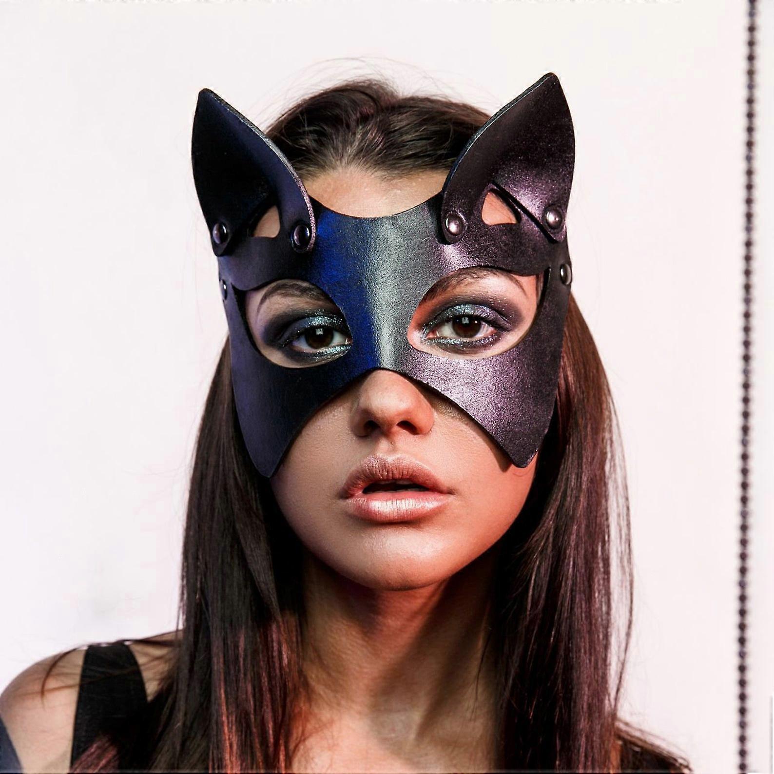 Sexy Pu Leather Cat Mask with Cat Ears - Cosplay Half Face Mask - Black ...