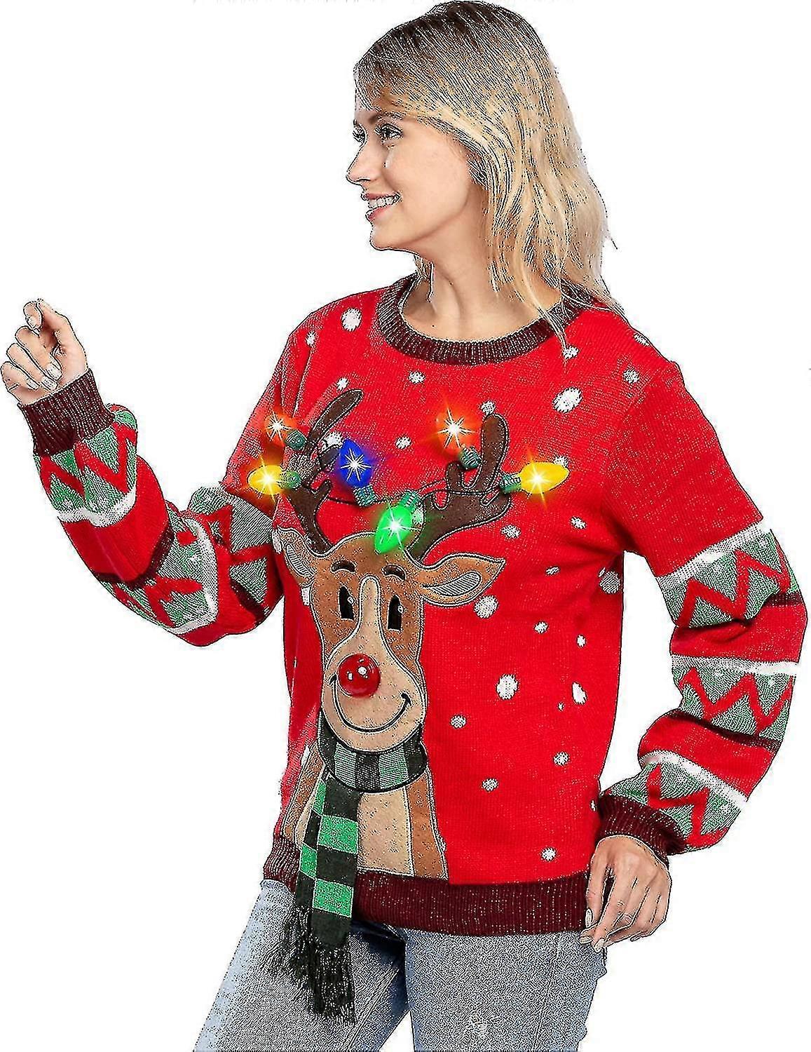 Womens Led Light Up Reindeer Ugly Christmas Sweater Built-in Light ...