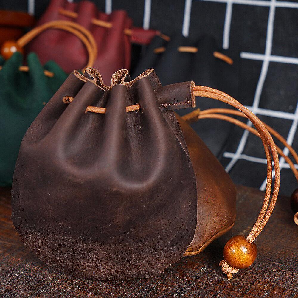 Genuine Leather Wallet Coin Pouch Case Drawstring String Bag Small ...
