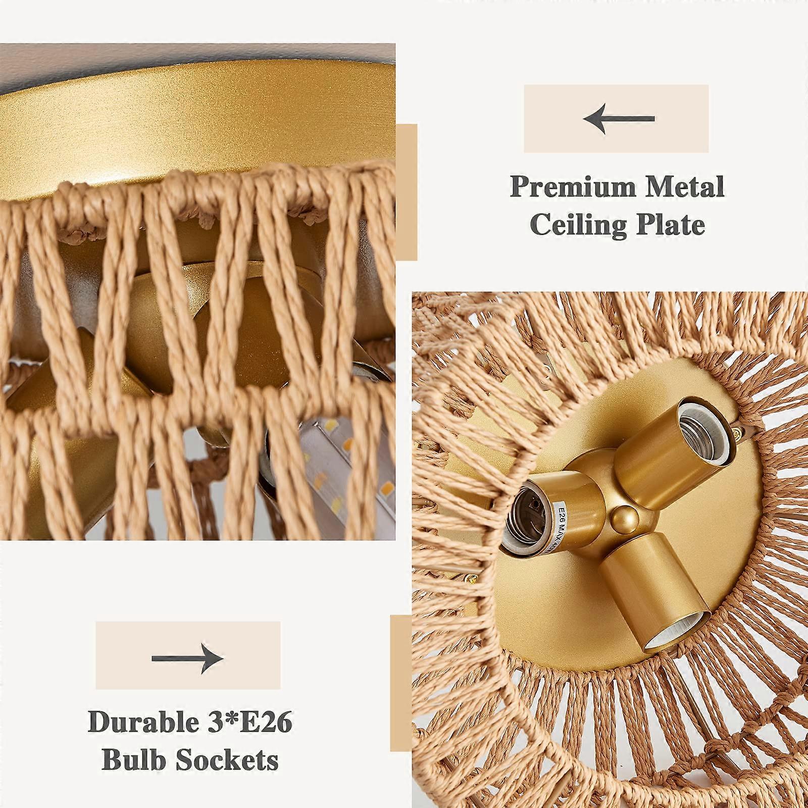 Rattan Ceiling Mounted Lights, 3 Light Boho Ceiling Mounted Ceiling ...