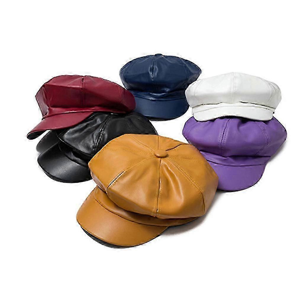 British Style Faux Leather Flat Beret Cap With Visor Women Solid ...
