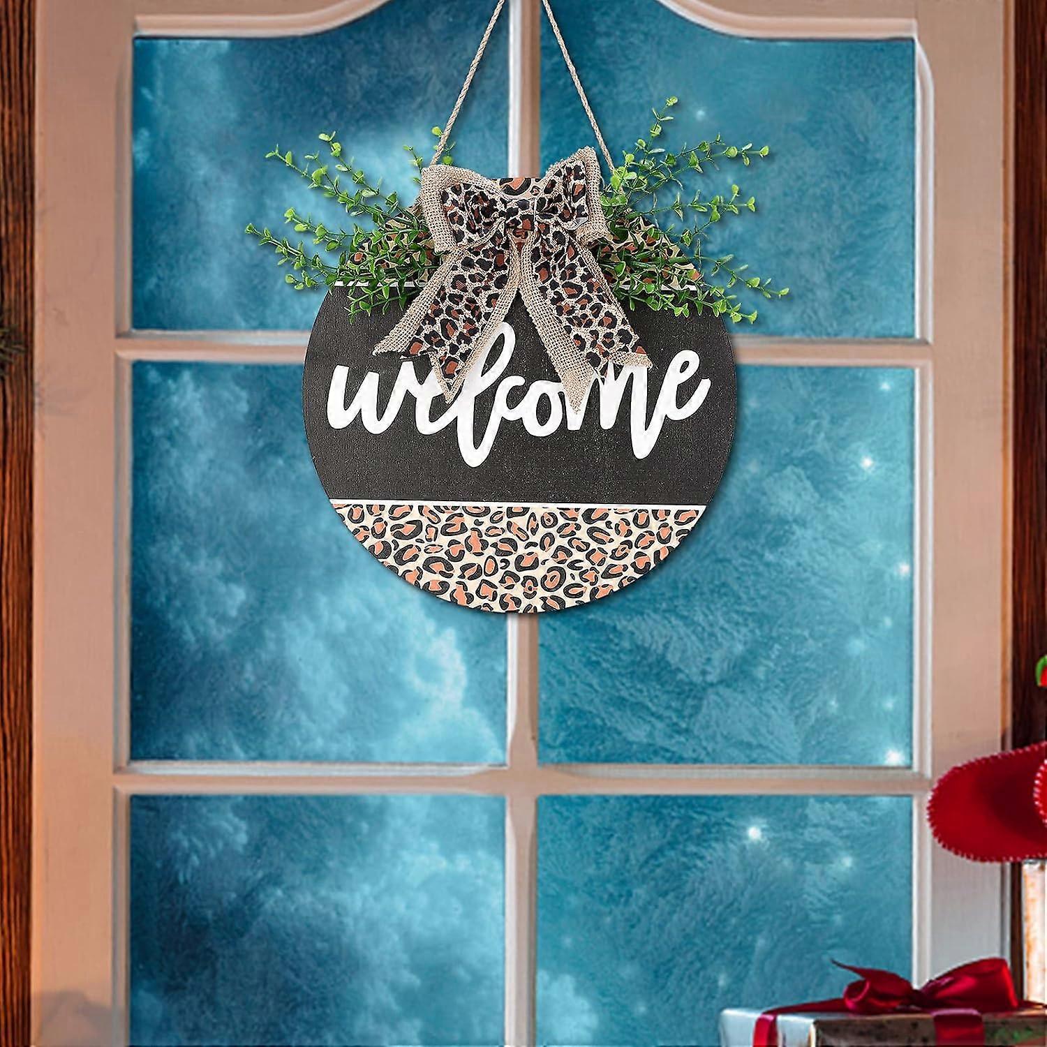 Vintage Leopard Print Welcome Sign Wreath - Round Wood Hanging Front ...