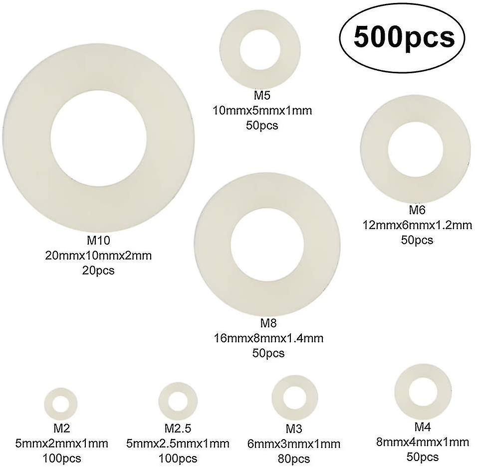 500 Pieces Plastic Washers Nylon Flat Washers M2 / M2.5 / M3 / M4 / M5 ...