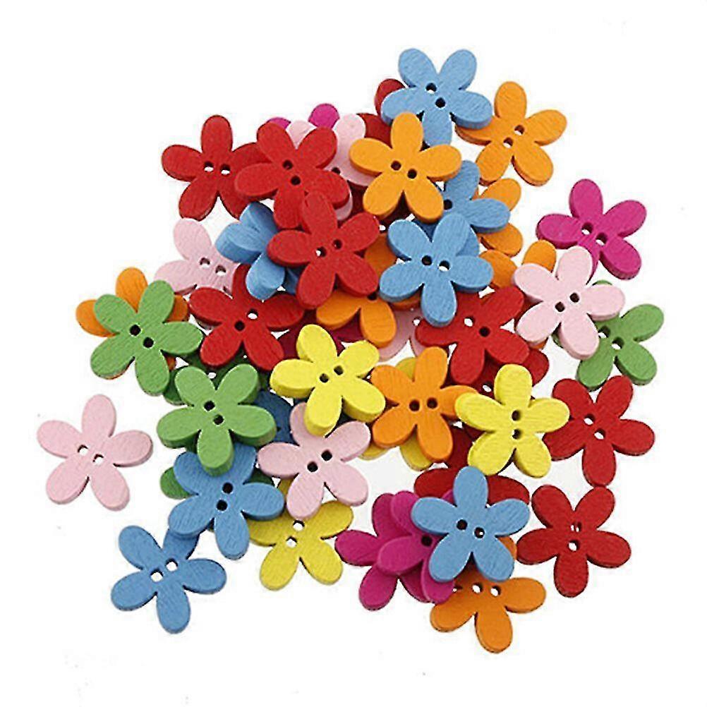 100pcs Colorful Flower Flat Back Wooden Buttons Sewing Scrapbook Crafts ...