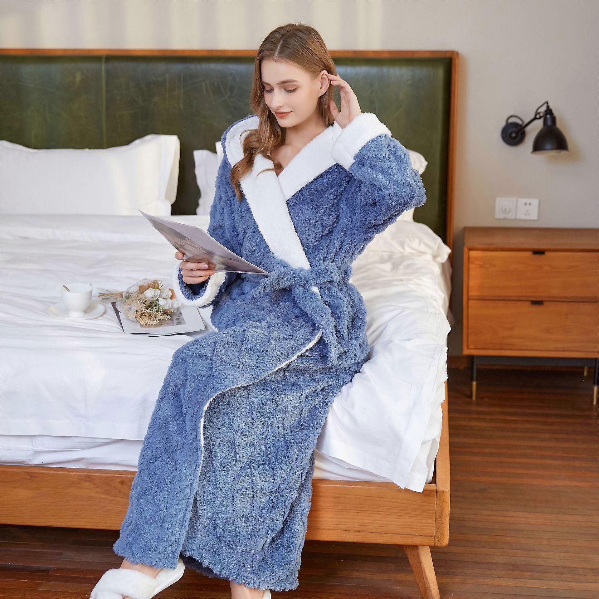 Loose Long Thick Bath Robe Hooded Winter Thick Women Bathrobe Flannel Terry Warm Comfortable ...