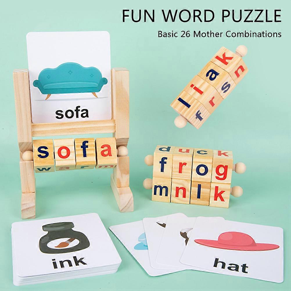 Wooden Reading Blocks for Kids Baby Spelling Games Flash Cards Turning ...