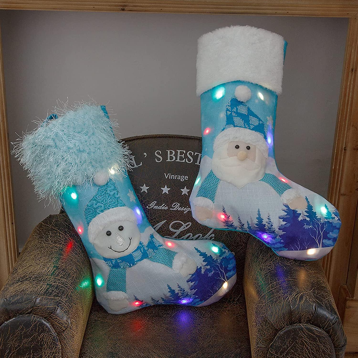 Christmas Stockings With Led Light, Velvet Blue Santa Snowman Xmas ...