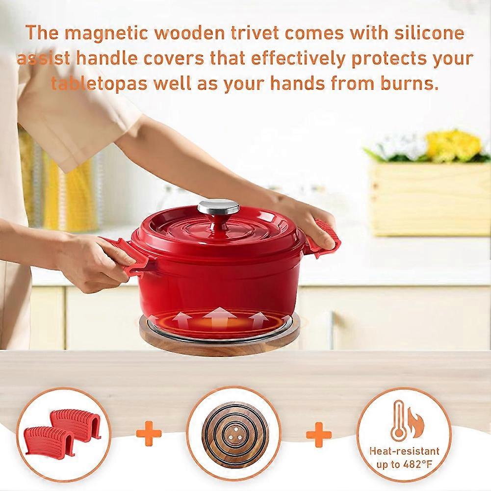 2 Pcs Magnetic Wooden Trivets, Black Silicone Rings, Magnetic Pot ...