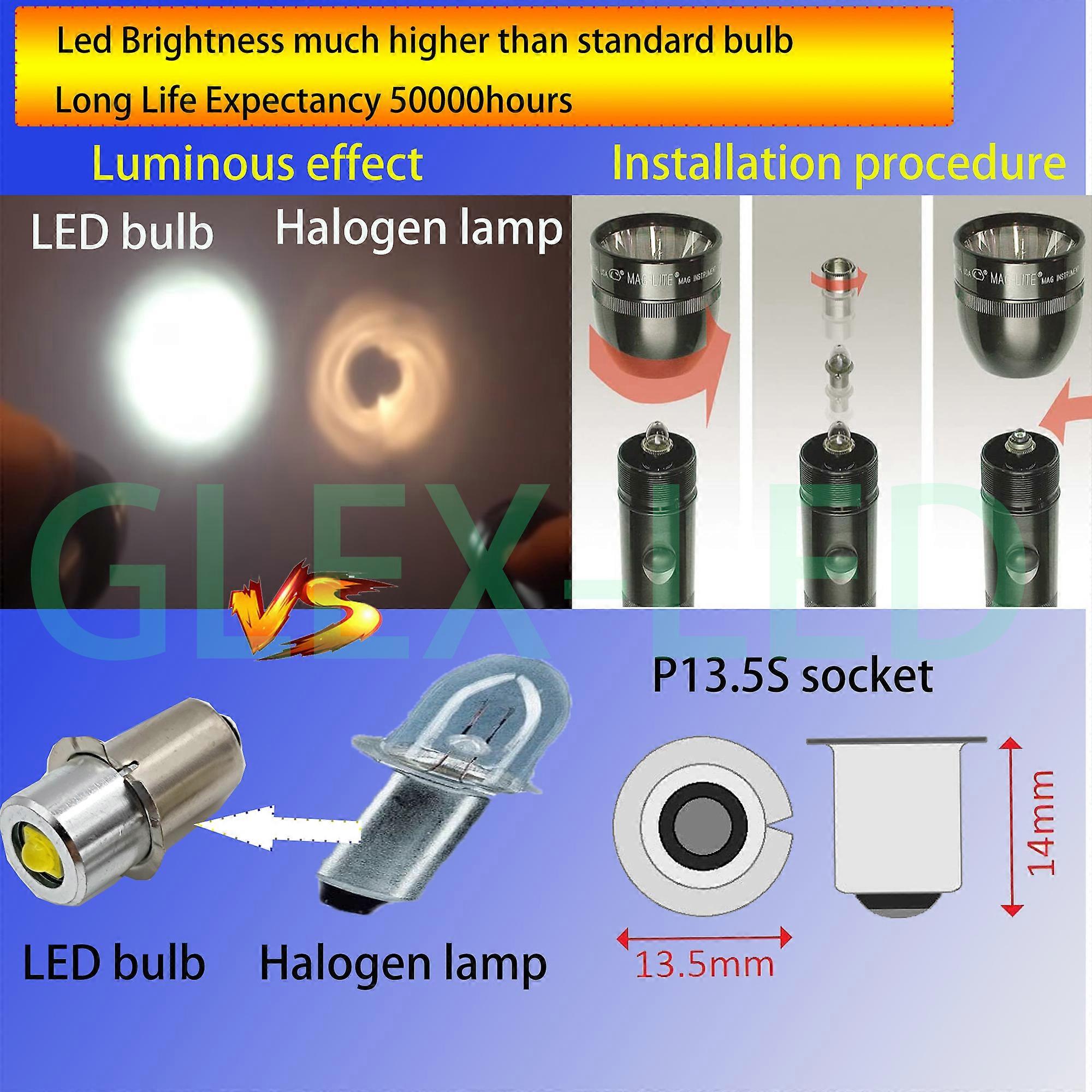 P13.5S Mag Ljus LED-lampa 3-16 C&D Cells Maglite Torch Ficklampa LED-omvandlare 3V 4.5V 6V 9V ...