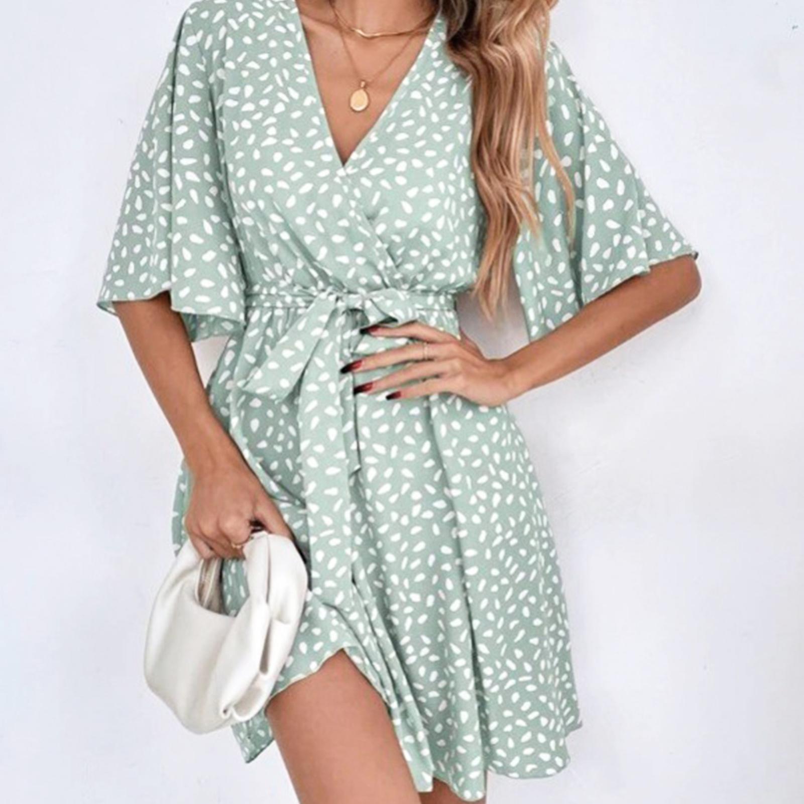 Women's Short Sleeve V Neck High Waist Dress Tie Waist A Line Summer ...