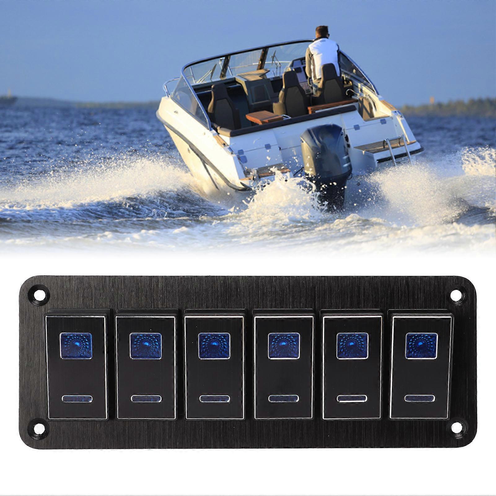 6 Gang Rocker Switch Panel Waterproof Blue Backlit Aluminum Alloy ...