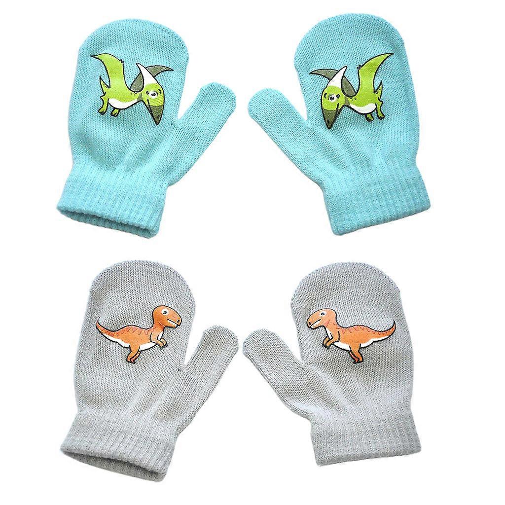 Kids Winter Full Fingers Gloves Warm Stretch Knitted Cartoon Dinosaur ...