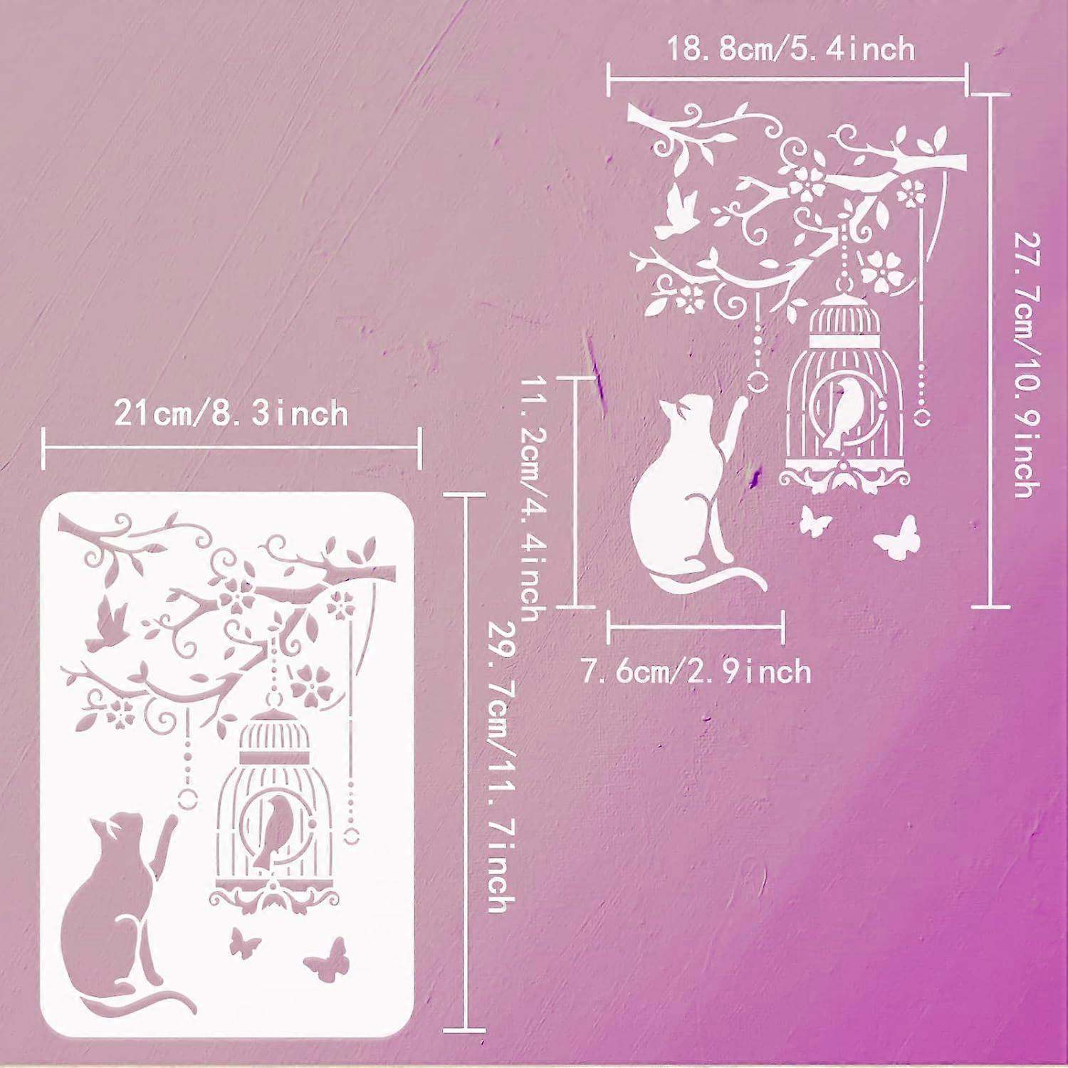 Cat Painting Stencil 8.3x11.7inch Reusable Cat and Birdcase Drawing ...