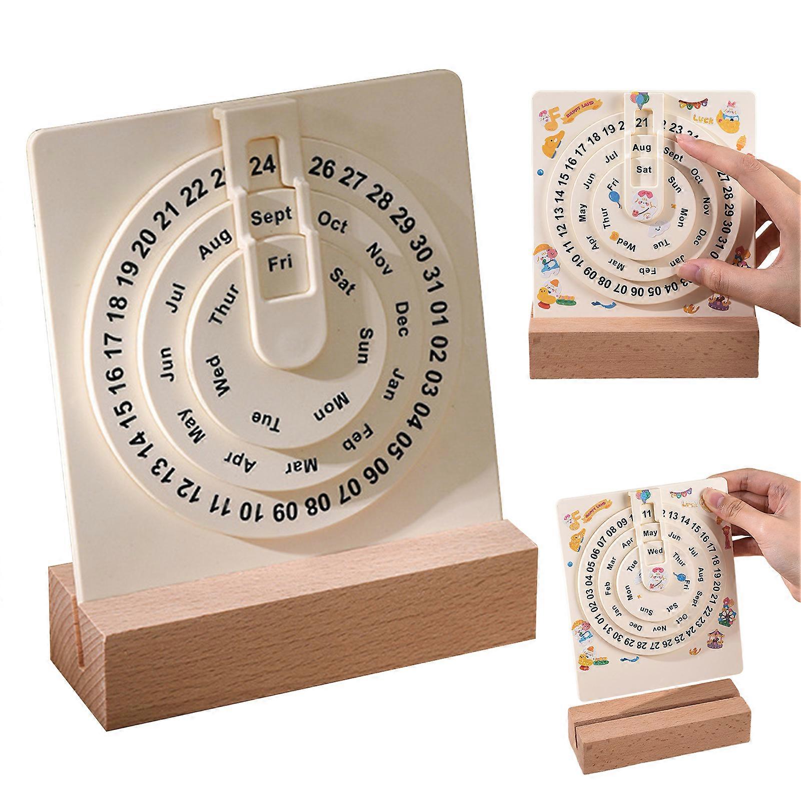 Perpetual Calendar Small Rotating Desk Circular Calendar with Wooden ...