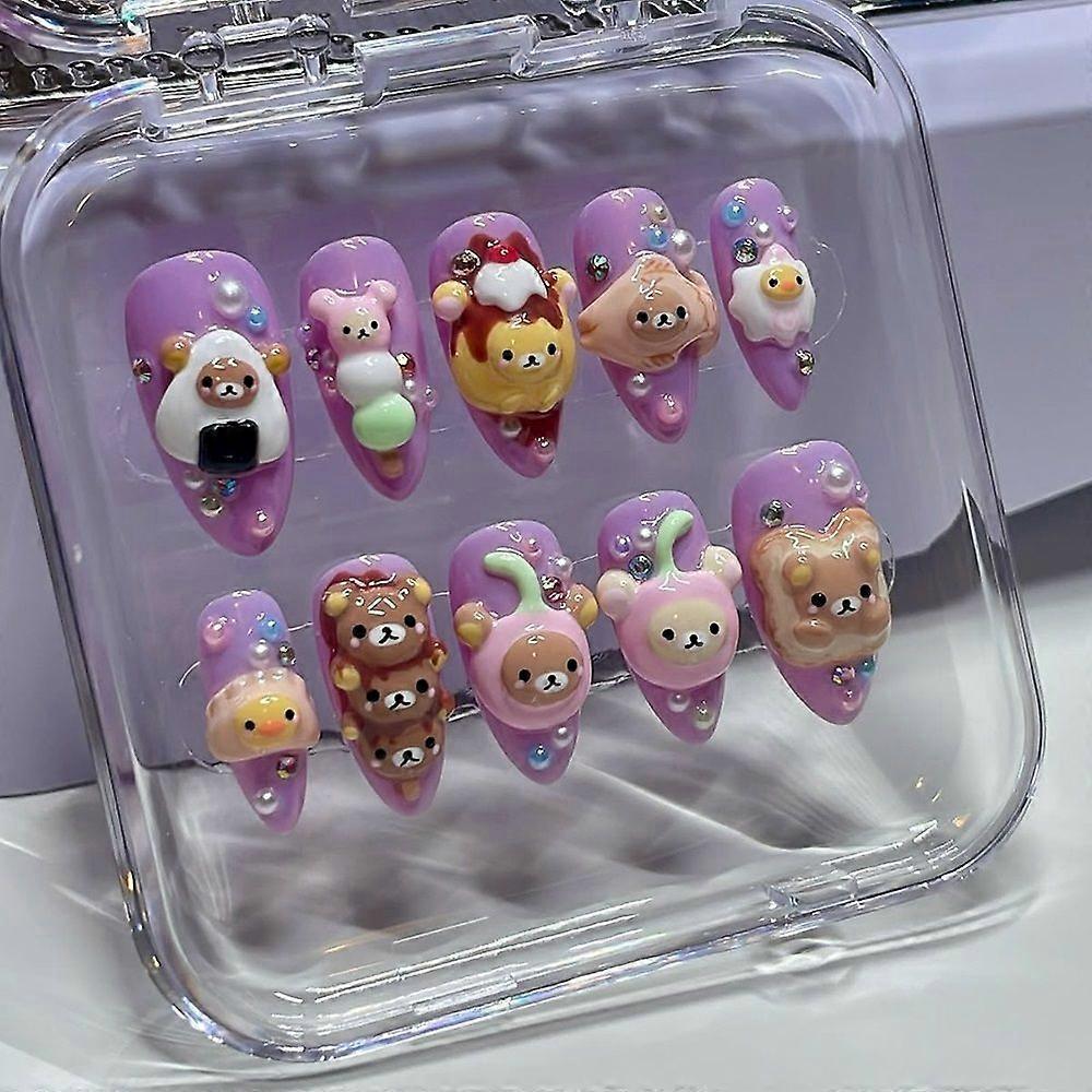 3D Handmade Rilakkuma Press On Nail Art Strawberry Cute Portable Short ...