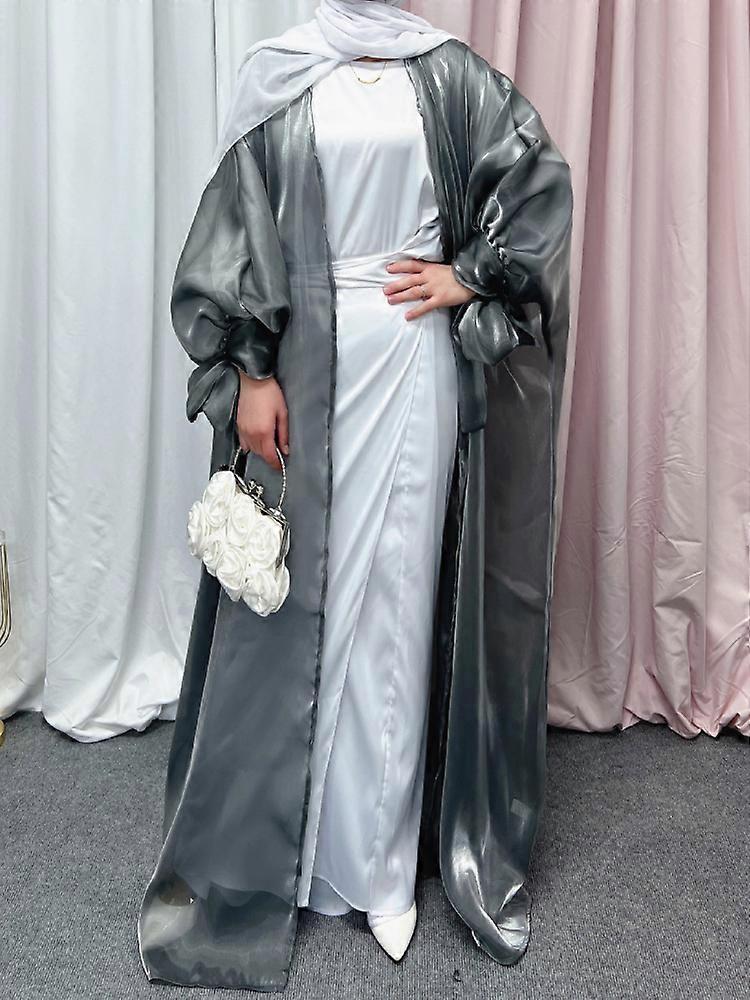 Summer Ramadan Eid Abaya Dubai Shiny Puff Sleeves Silky Muslim Dress Turkey Islam Open Abayas ...