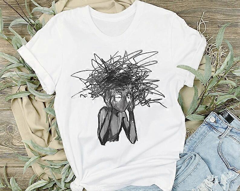 Sjovt en person med en blyant tegning fuld af linjer på hovedet T-shirt ...