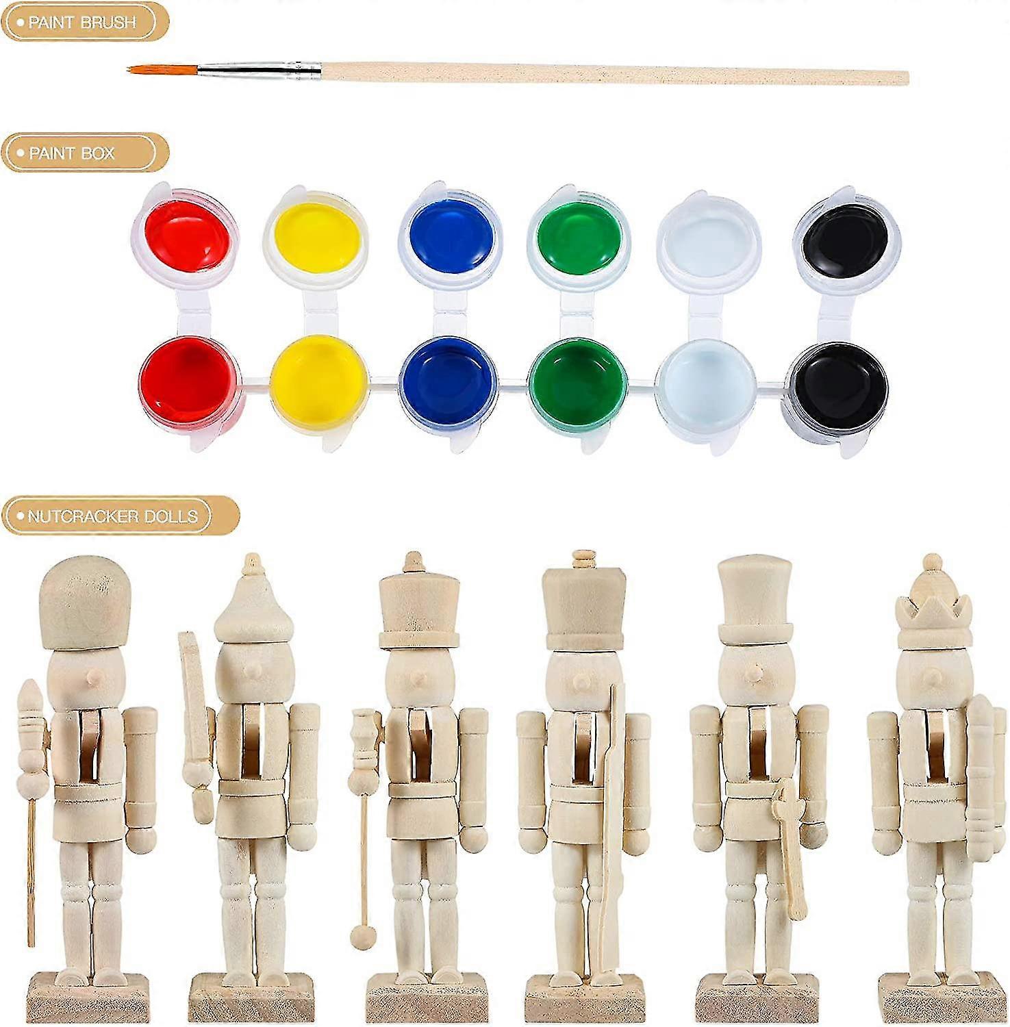 6-pack Wooden Christmas Nutcracker Kit For Kids Crafts, 12cm Dolls With ...