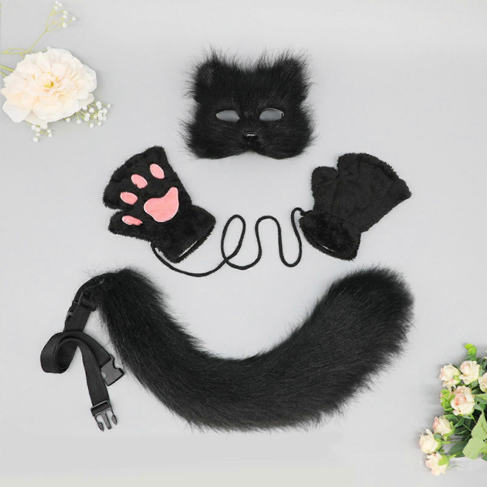 Foxes Costume Set Furry Gloves Beast Tail Animal Mask Halloween Costume ...