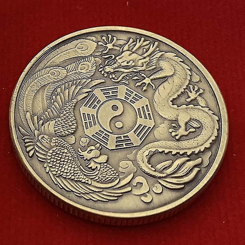 Chinese Dragon And Phoenix Bagua Green Bronze Medal Embossed Coin Badge ...