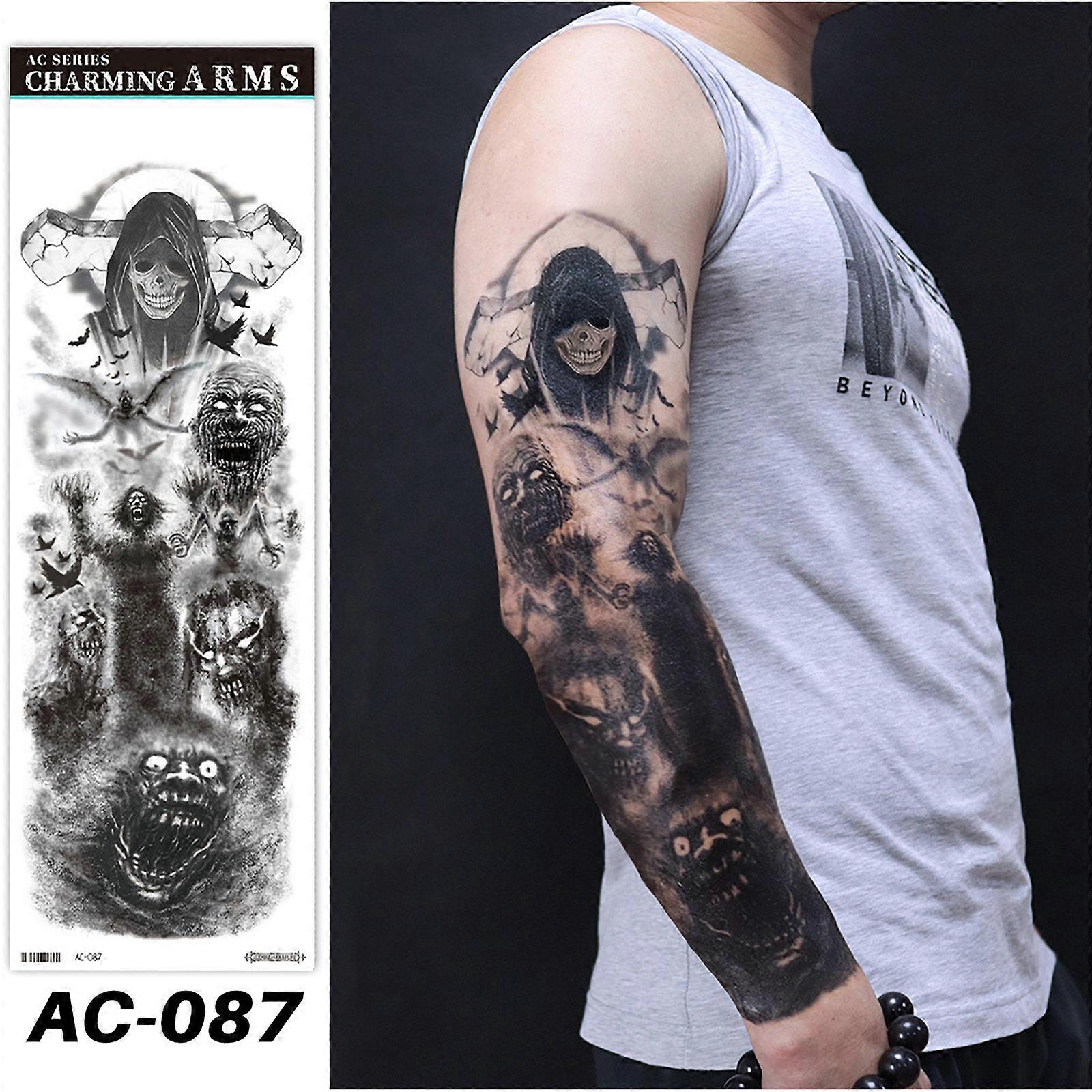 Halloween Horror Tattoo Skull Waterproof Big Flower Arm Tattoo Sticker ...