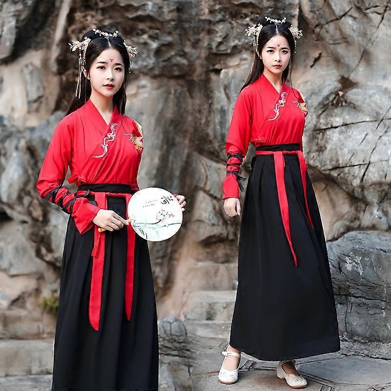 Chinese Couple Black Red Hanfu Female Retro Traditional Embroidery ...