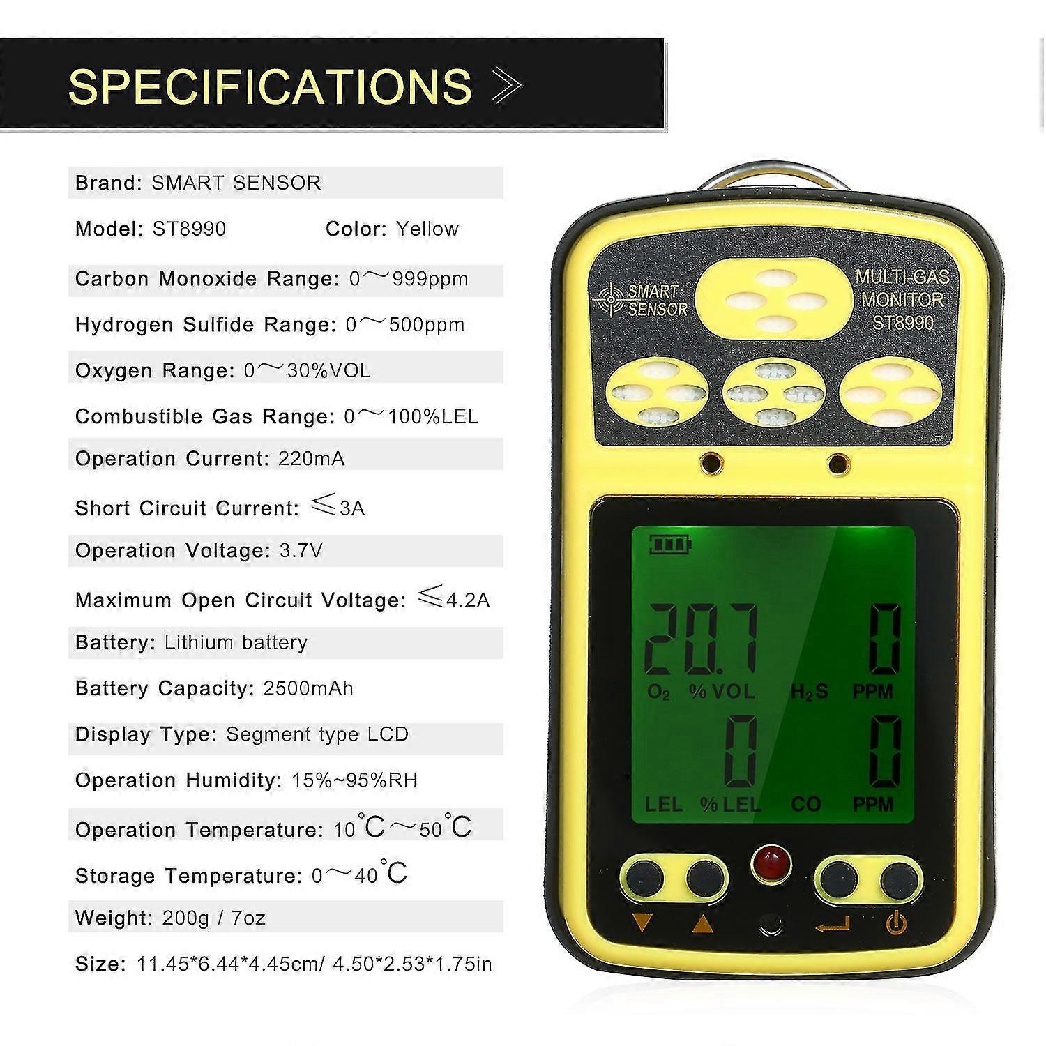 SMART SENSOR ST8990 Multi Gas Monitor Rechargeable 4 in 1 O LEL CO HS ...