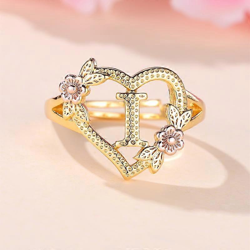 Initials Flower Heart Rings Gold Color Adjustable Delicate Letter Leaf Rings For Women Girl ...