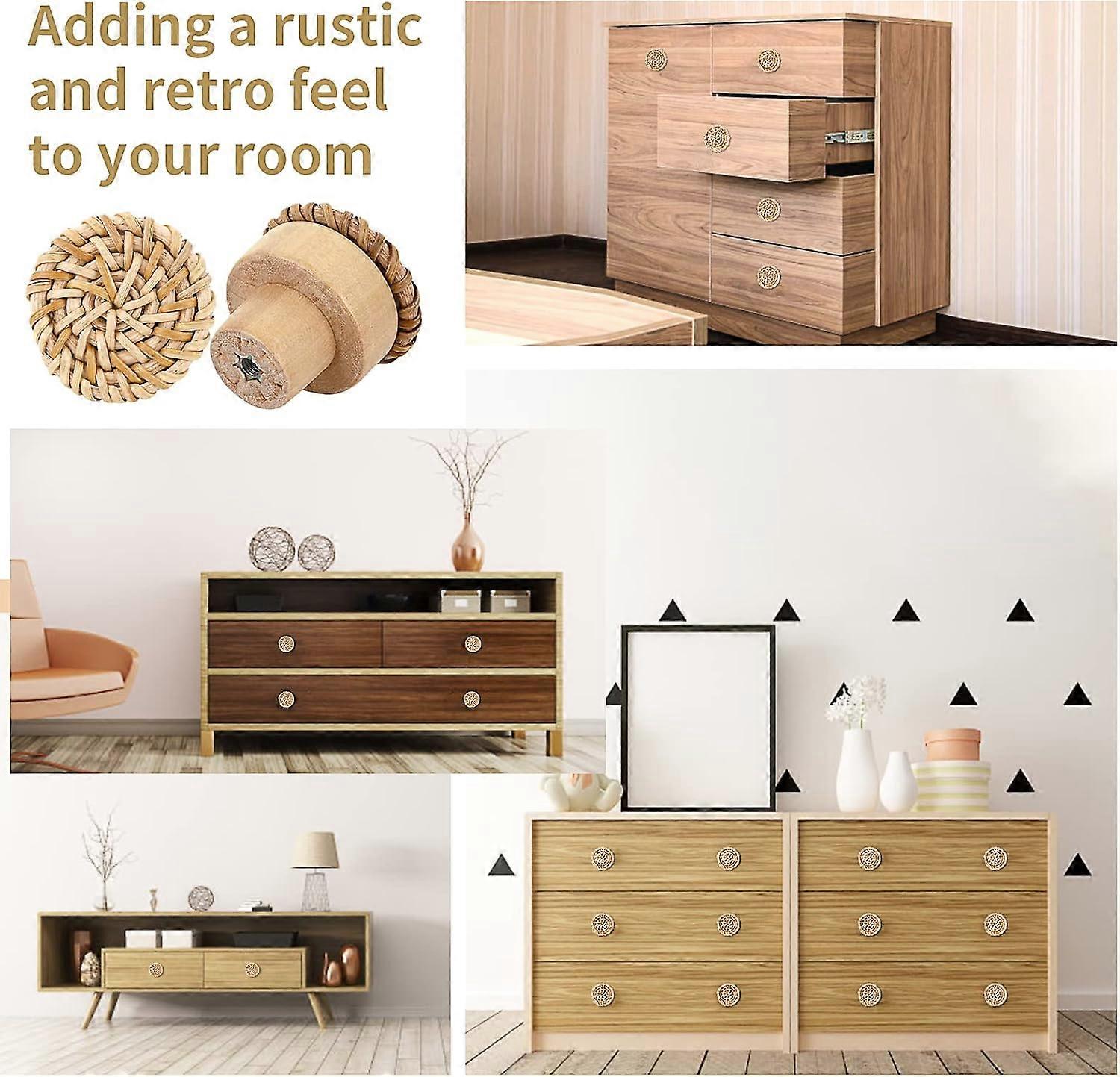 5 Pack Boho Rattan Drawer Knobs, Round Wood Drawer Knobs Handmade Woven ...