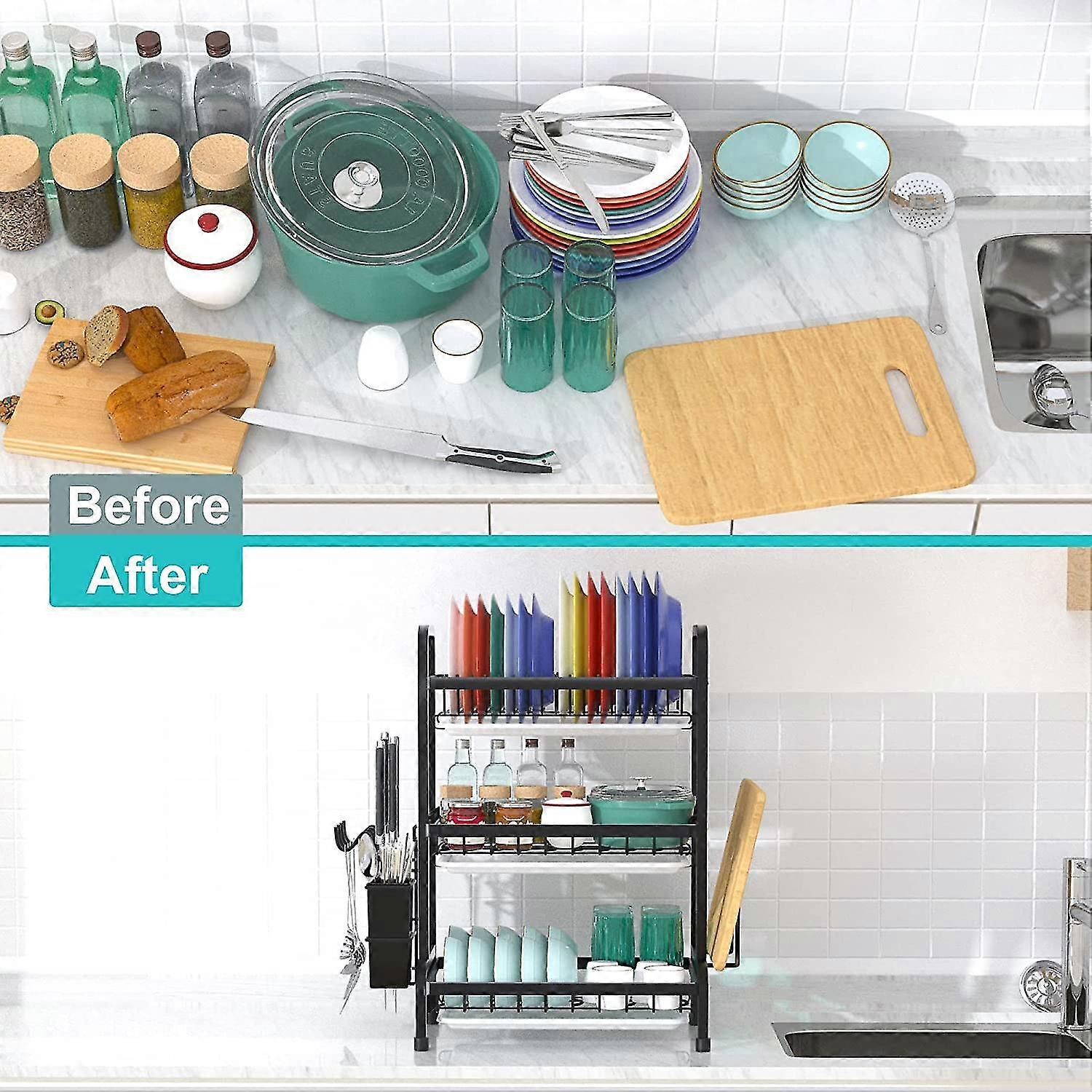 Dish Drainers Rack With Drip Tray, 3 Tier Large Dish Drying Rack With ...