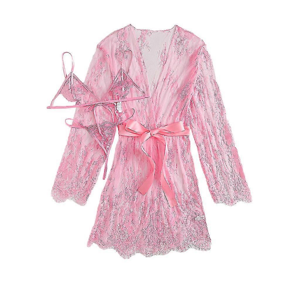Women Sexy Lace Lingerie Kimono Robe G-string Thong Bra Set Nightgown ...