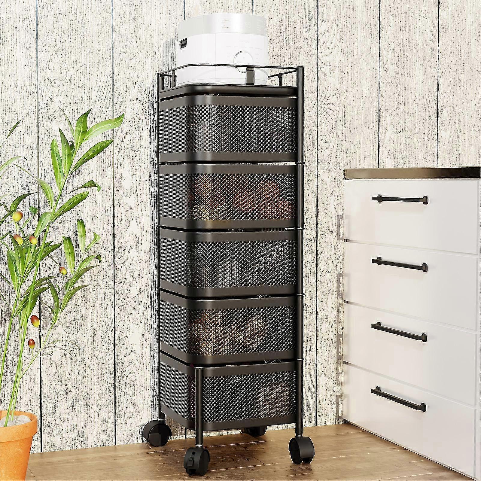 5-Layer Rotating Kitchen Storage Cart with Wheels, Fruit & Vegetable ...