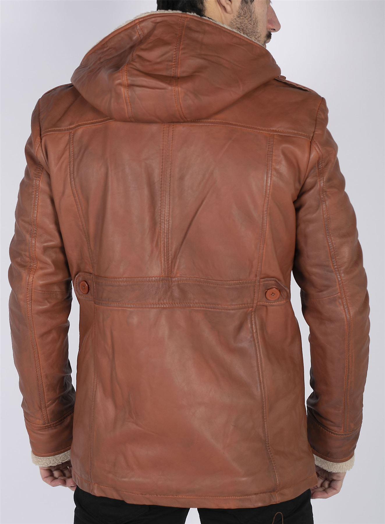 Men's Real Leather Hood Duffle Safari Jacket Long 3/4 Fur Washed ...