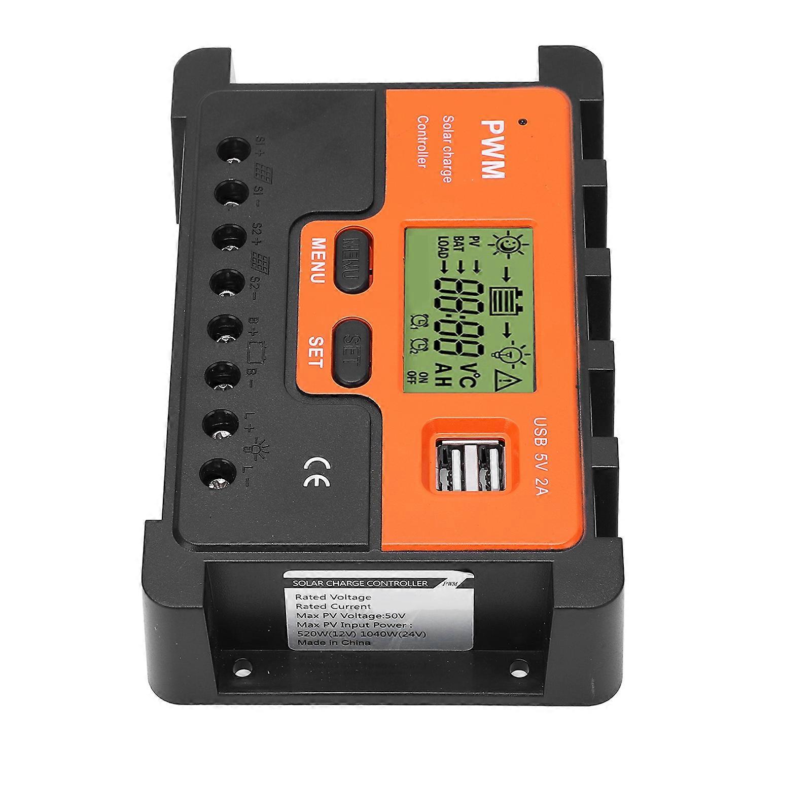 60A Solar Controller PWM Charging LCD Display Solar Regulator with 2 USB 5V Output 12V 24V 48V ...