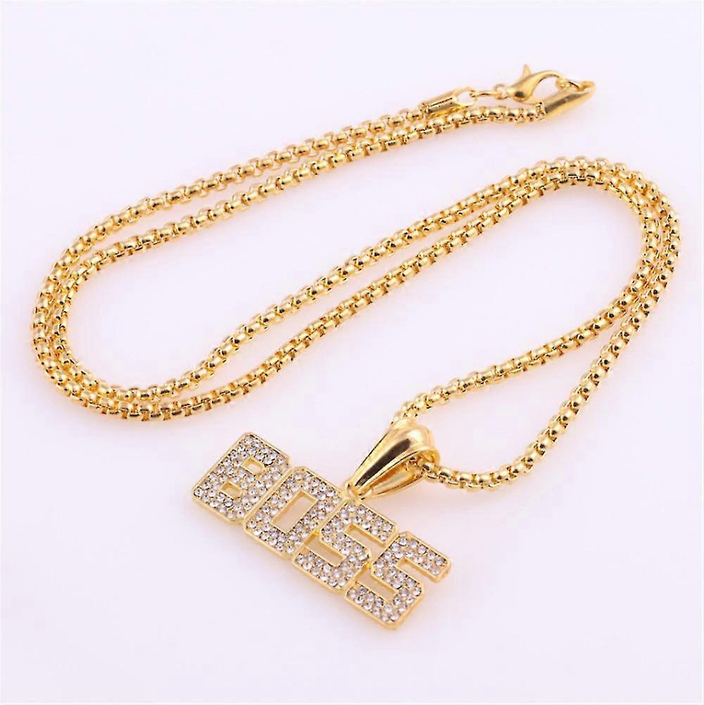 Punk Crystal Letter Boss Pendant Gold Color Long Cuban Chain Necklace ...