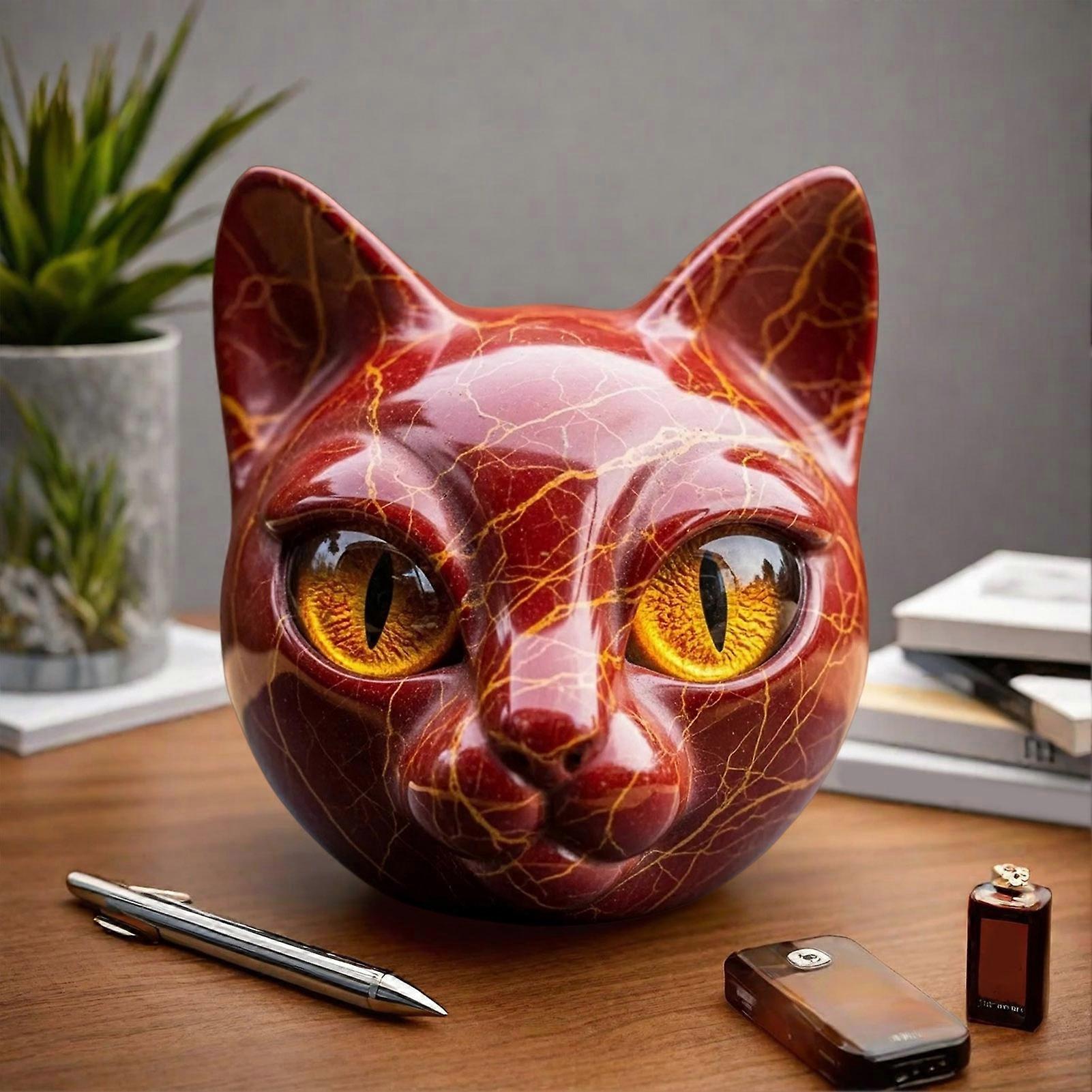 Cat Stone Sculpture Cat Head Figurine with Amber Eyes Smooth Finish ...