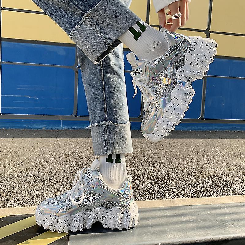 Reflective Chunky Sneakers Women Fashion Glitter Bling Vulcanized Shoes ...