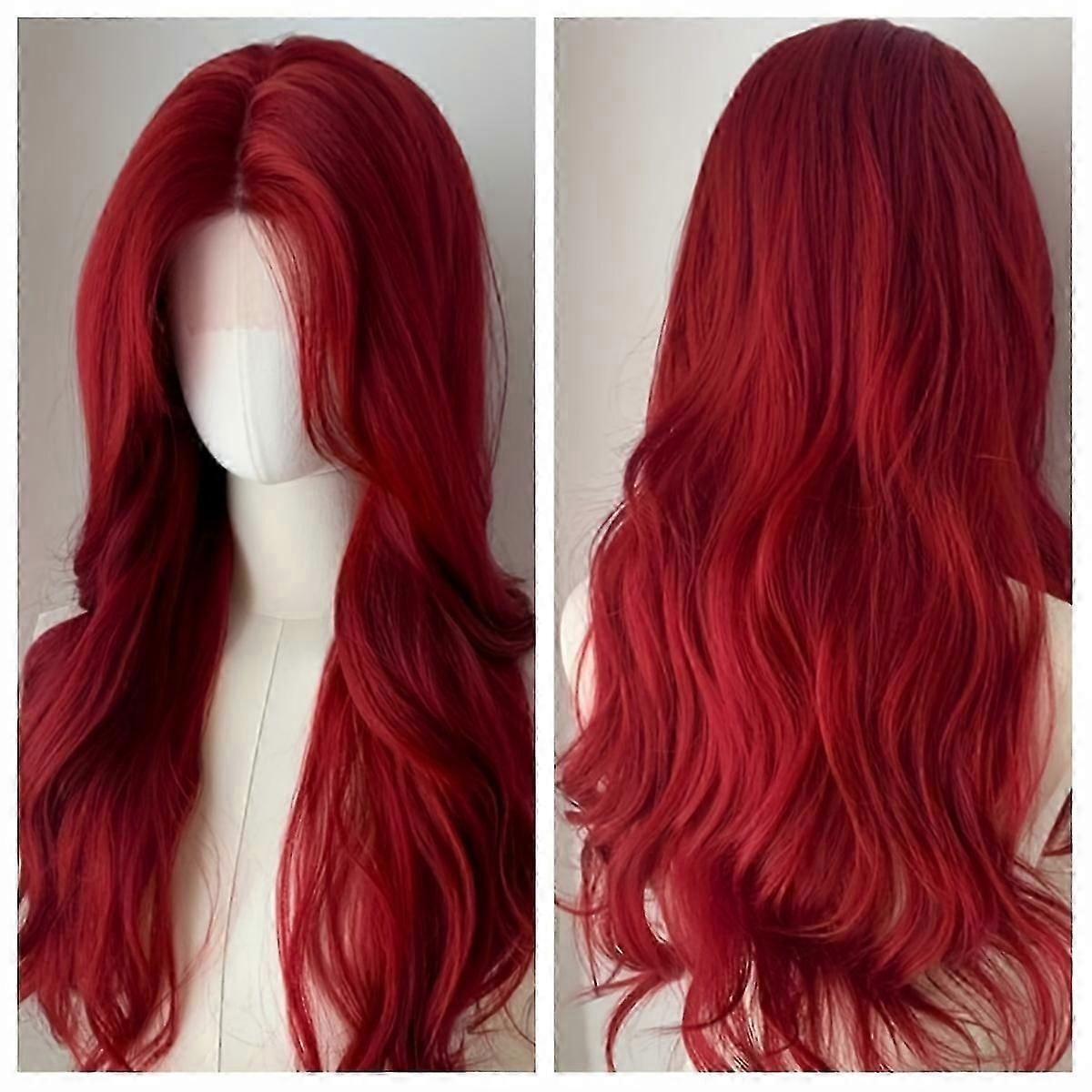 Red Wig Forehead Lace Women's Full Head Set Big Wave Curly Long Hair ...