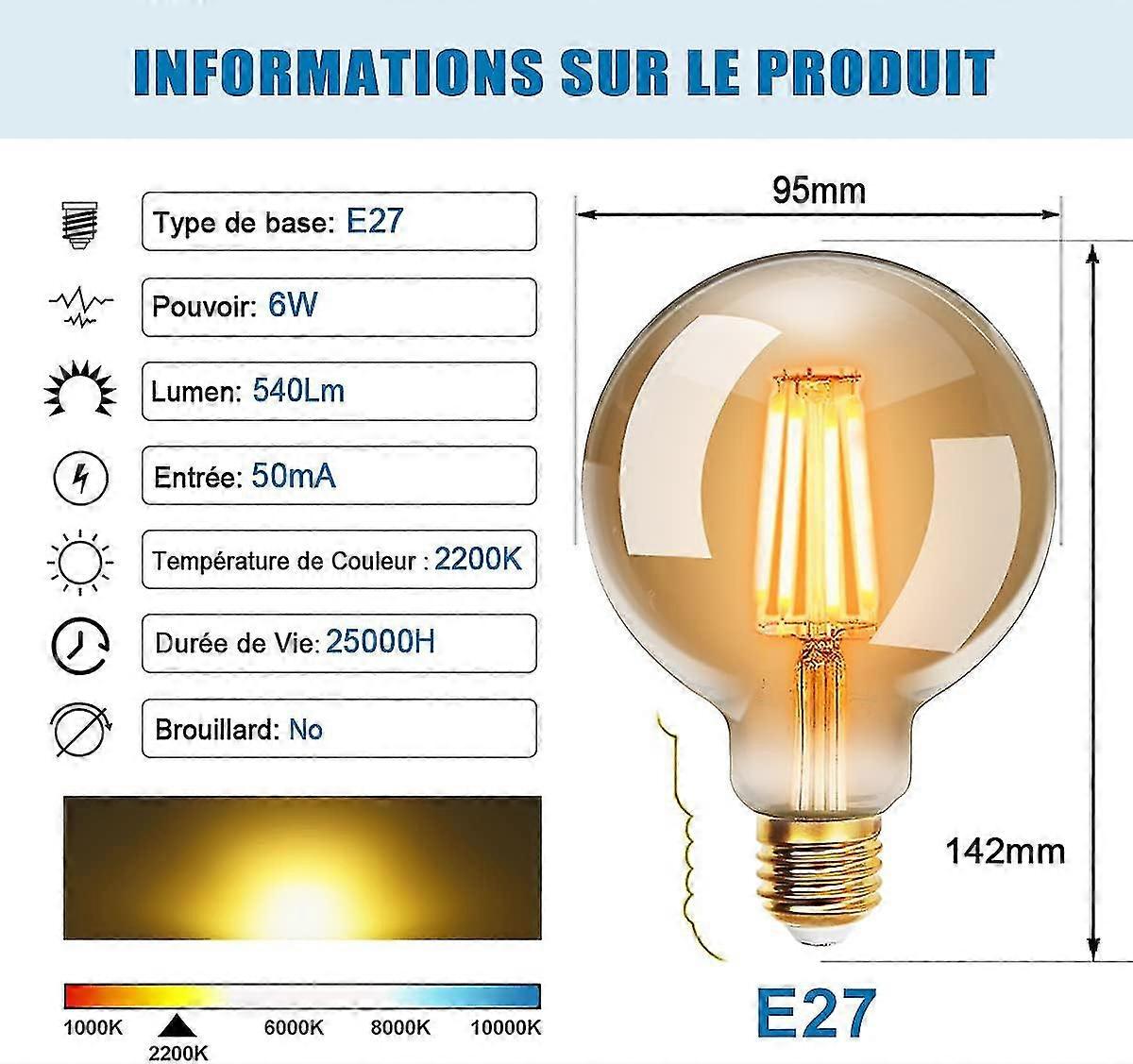 Set Of 2 6w Edison Vintage G95 Led Bulbs, Warm White 2200k E27 ...