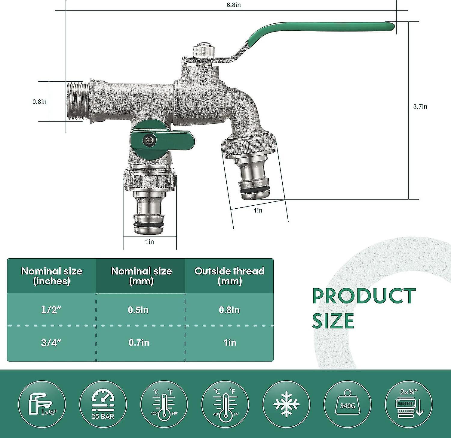 Premium Brass Double Water Tap, 1/2'' Inch Garden Tap Double Water Tap ...