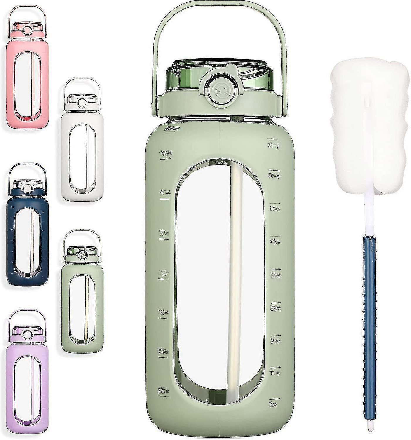 Bluego 64oz Glass Water Bottles With Straw Time Marker Half Gallon Large Motivational Water ...