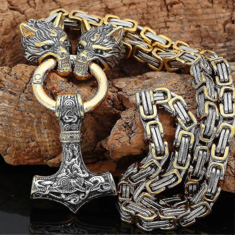 Men Stainless Steel Wolf Head Norse Viking Amulet Thor Hammer Pendant ...
