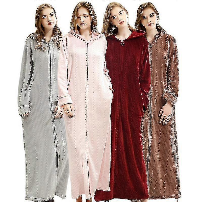 Women Hooded Dressing Gown Bathrobe Warm Soft Fleece Zip Long Robes Z ...