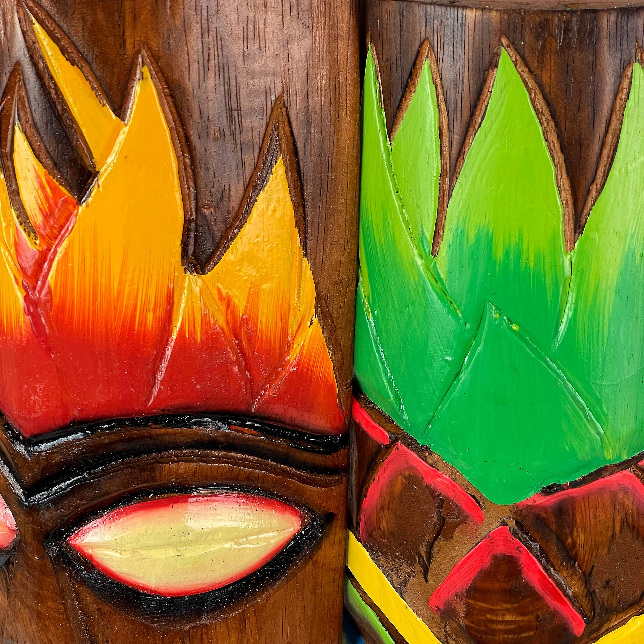 Set of 2 Handcrafted Fire and Earth Wood Tiki Totem Wall Masks - 20 ...