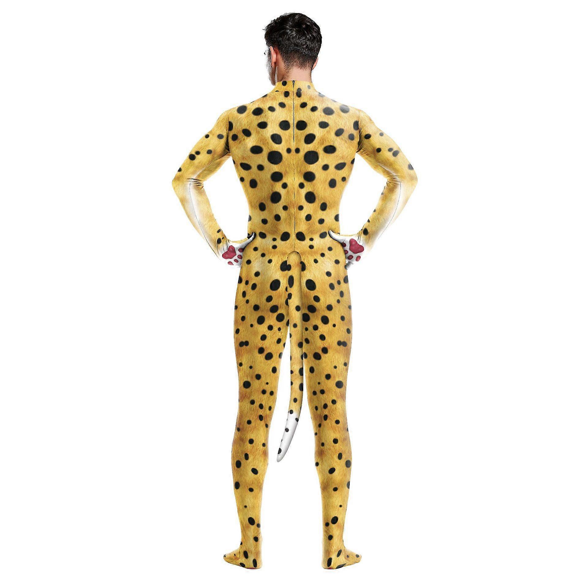 Mens Animal Cosplay Costume Leopard 3D Printed Jumpsuit Halloween Fancy ...