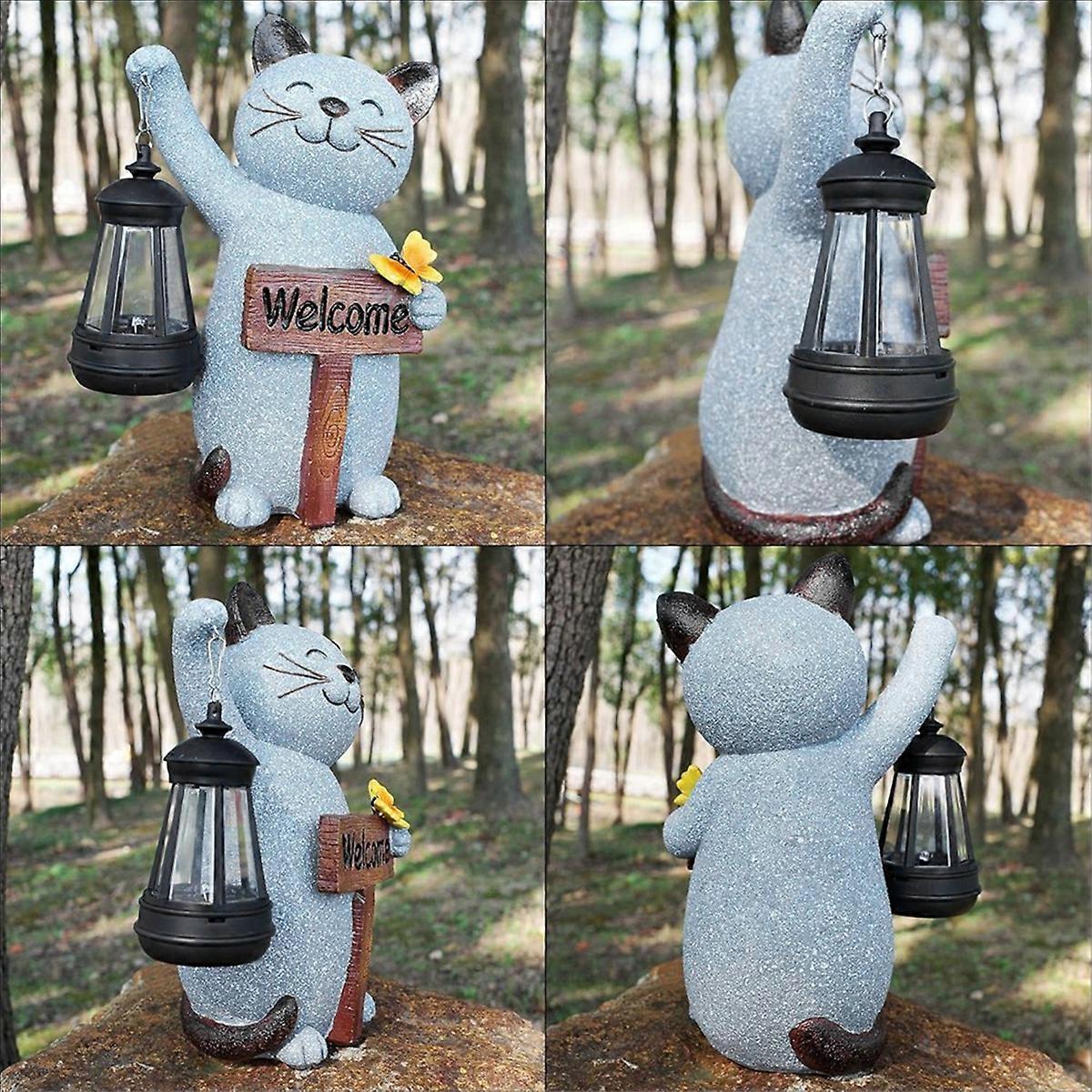 Solar Powered Cat Statue with Lantern, Resin Kitten Outdoor Lawn Porch ...