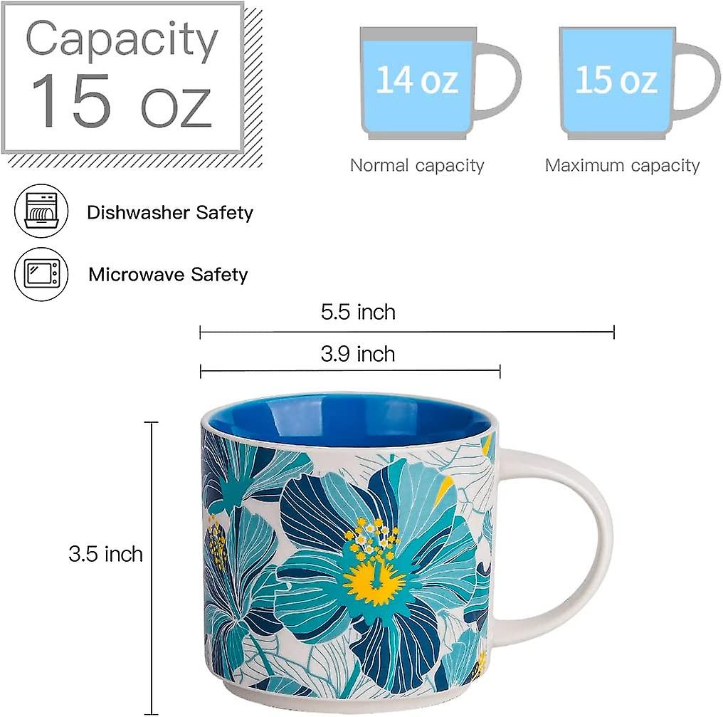 15 oz blomster keramisk krus, stort porcelæn kaffekrus, blå indre ...